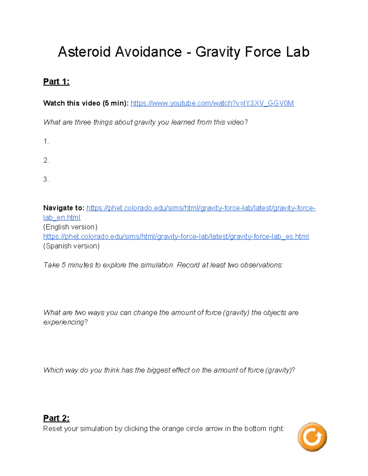 Gravity Force Lab: Asteroid Avoidance Simulation and Analysis - Studocu