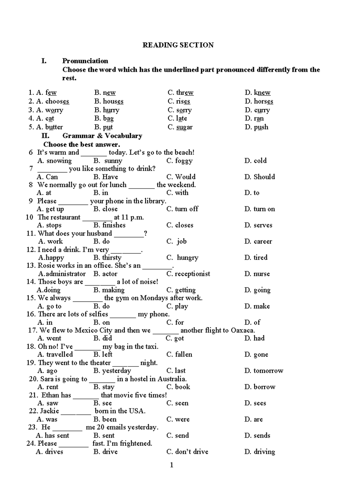 Reading Final Test 1 - Pronunciation, Grammar, and Comprehension - Studocu