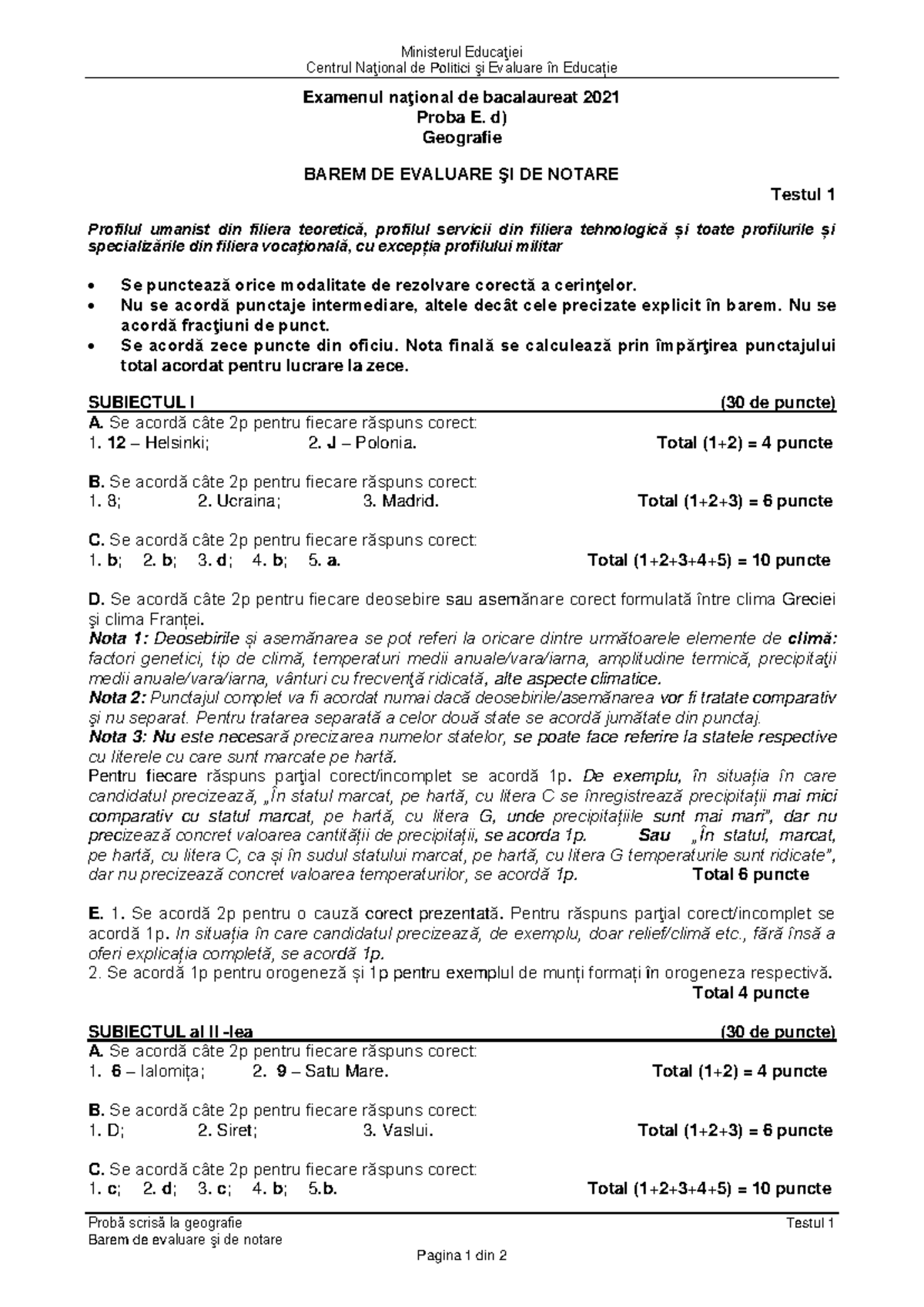 Barem de Evaluare și Notare - Examen Bacalaureat 2021 E d Geografie ...