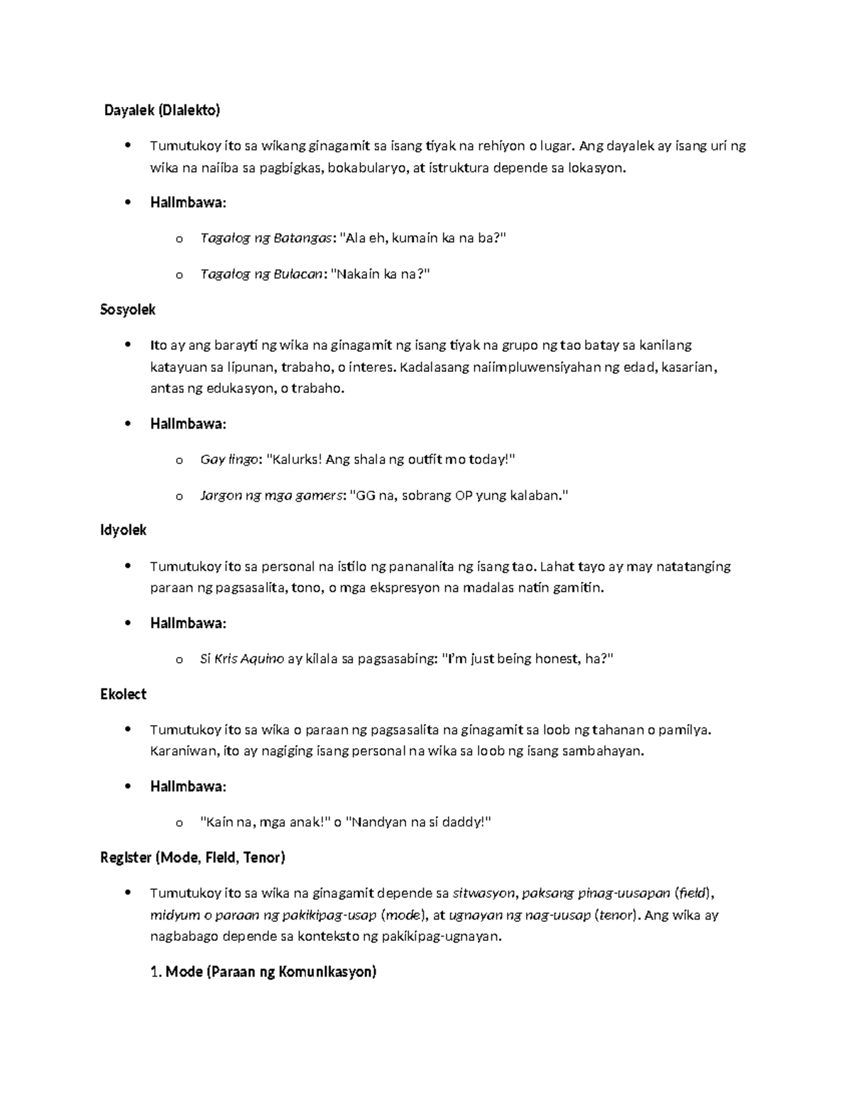 Barayti ng Wika: Kahulugan at Halimbawa ng Dayalek, Sosyolek, at Idyolek - Studocu