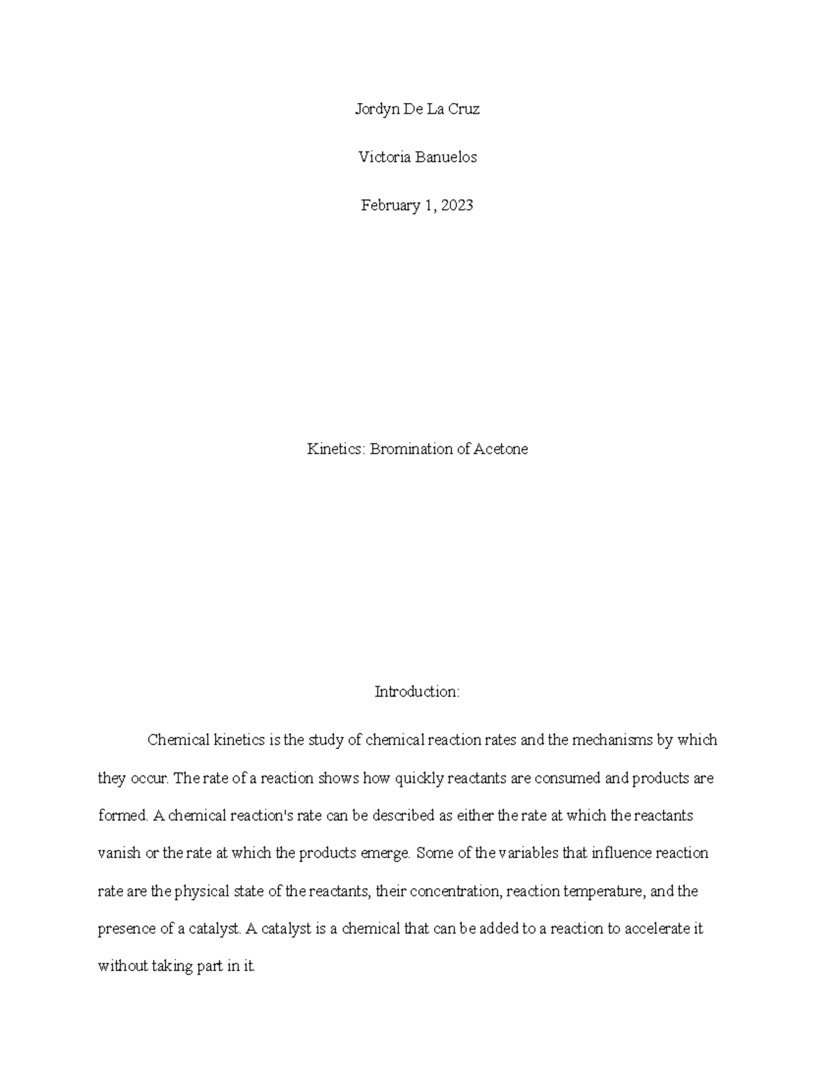 Lab 2 - Kinetics Study of Bromination Reaction of Acetone - Studocu