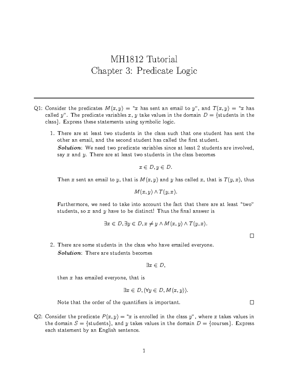 MH1812 Chapter 3: Predicate Logic Homework Solutions - Studocu