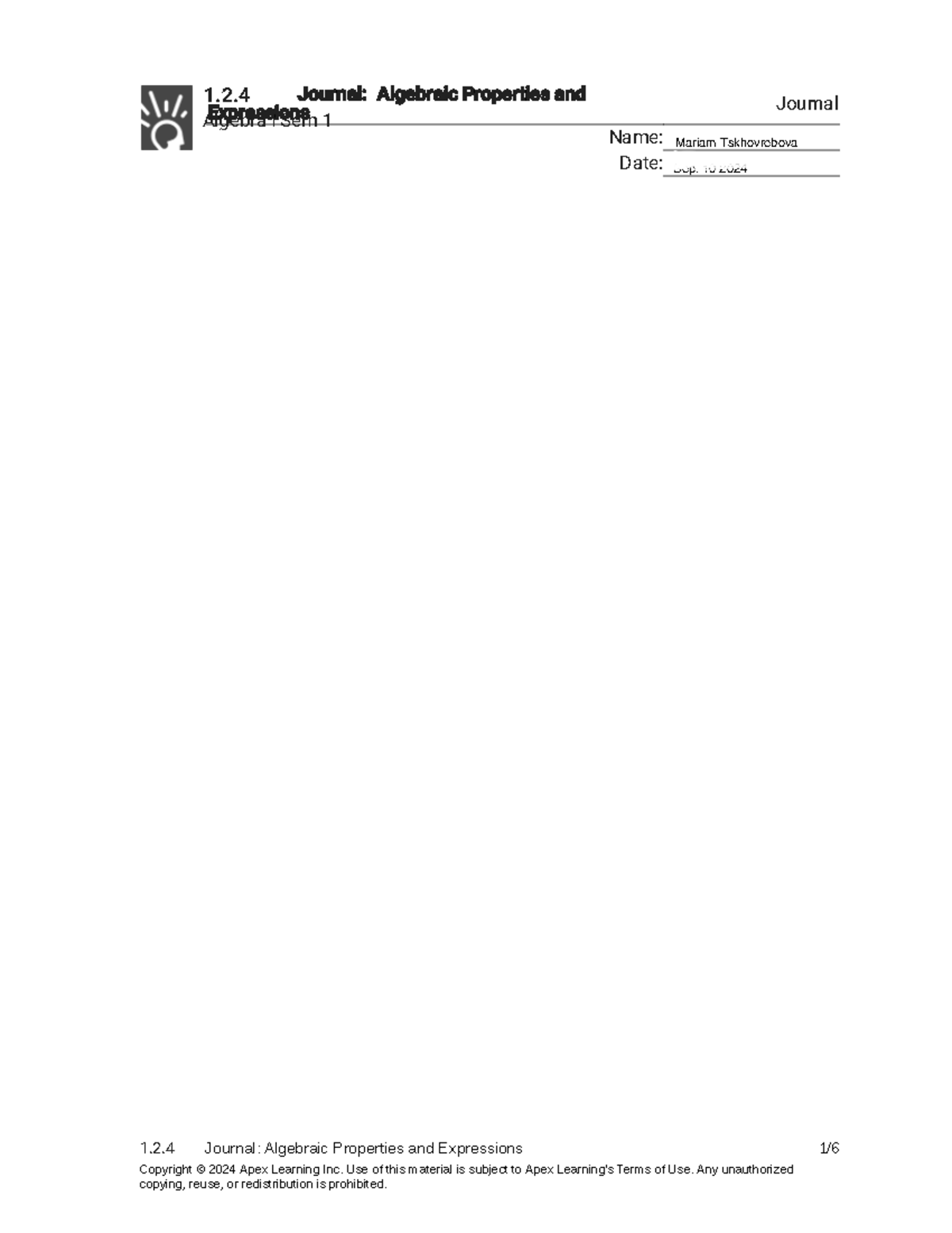 1.2.4 Journal - Algebraic Properties and Expressions (Journal ...