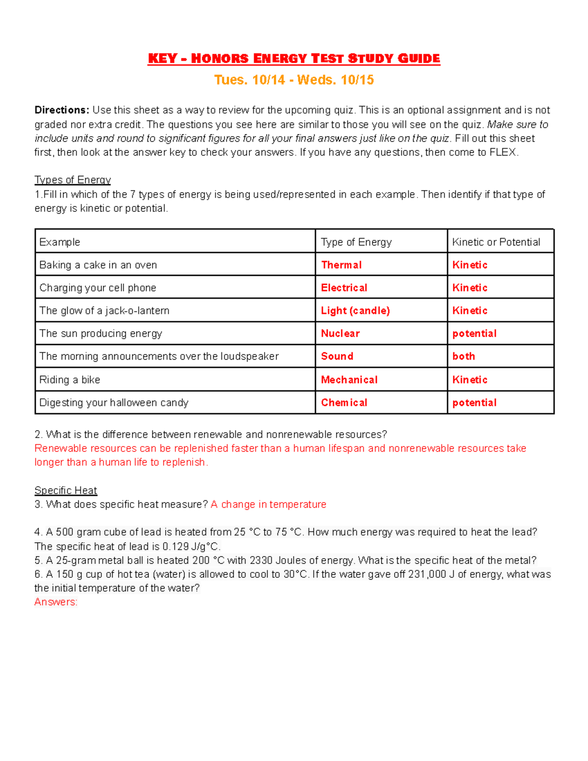 Honors Energy Test Study Guide (Tues. 10/14 - Weds. 10/15) - Studocu