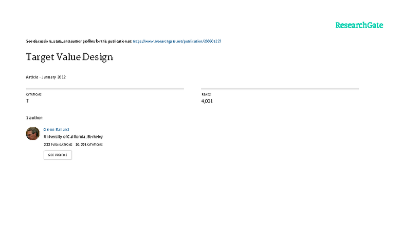 Target Value Design (TVD) Insights and Strategies - Jan 2012 - Studocu