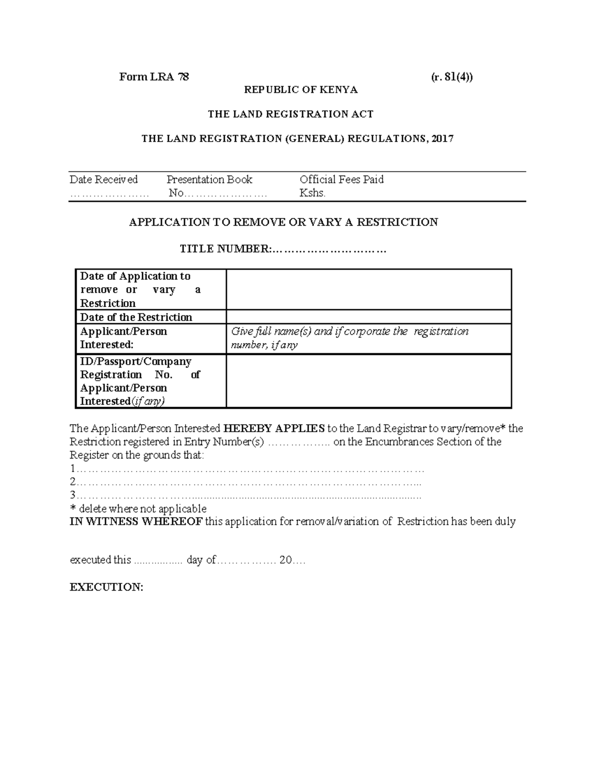 Form LRA 78 Application to Remove or Vary a Restriction - Studocu
