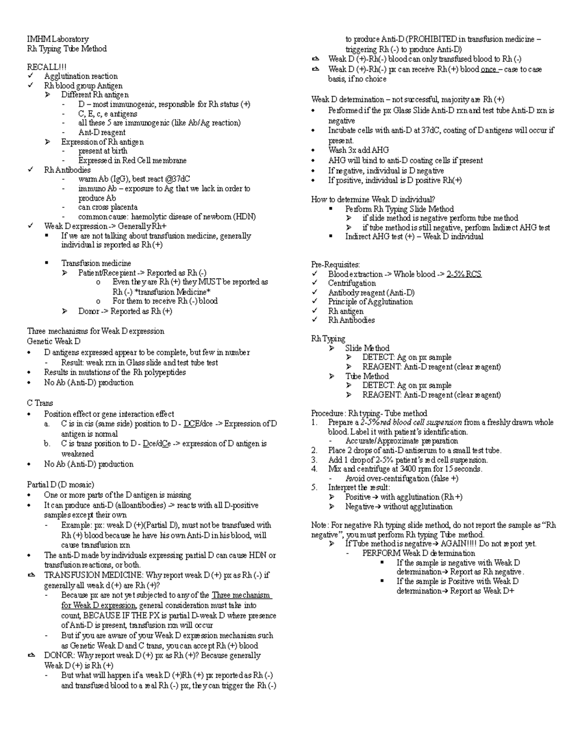 Rh Typing Tube Method: Detailed Procedure and Considerations - Studocu