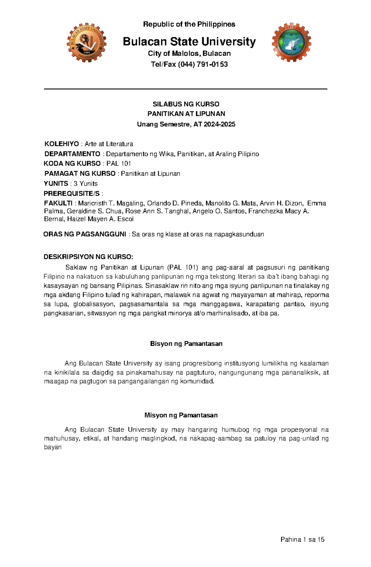 Syllabus for PAL 101: Panitikan at Lipunan - Unang Semestre 2024 - Studocu