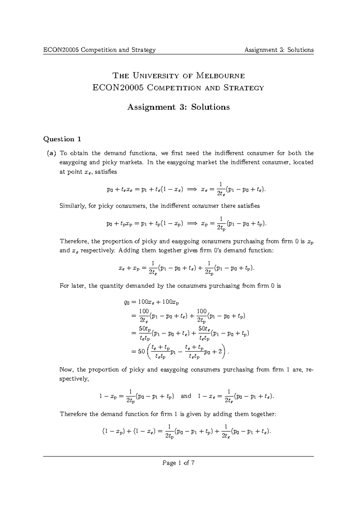 Assignment 3 Solutions v2 - The University of Melbourne ECON20005 ...