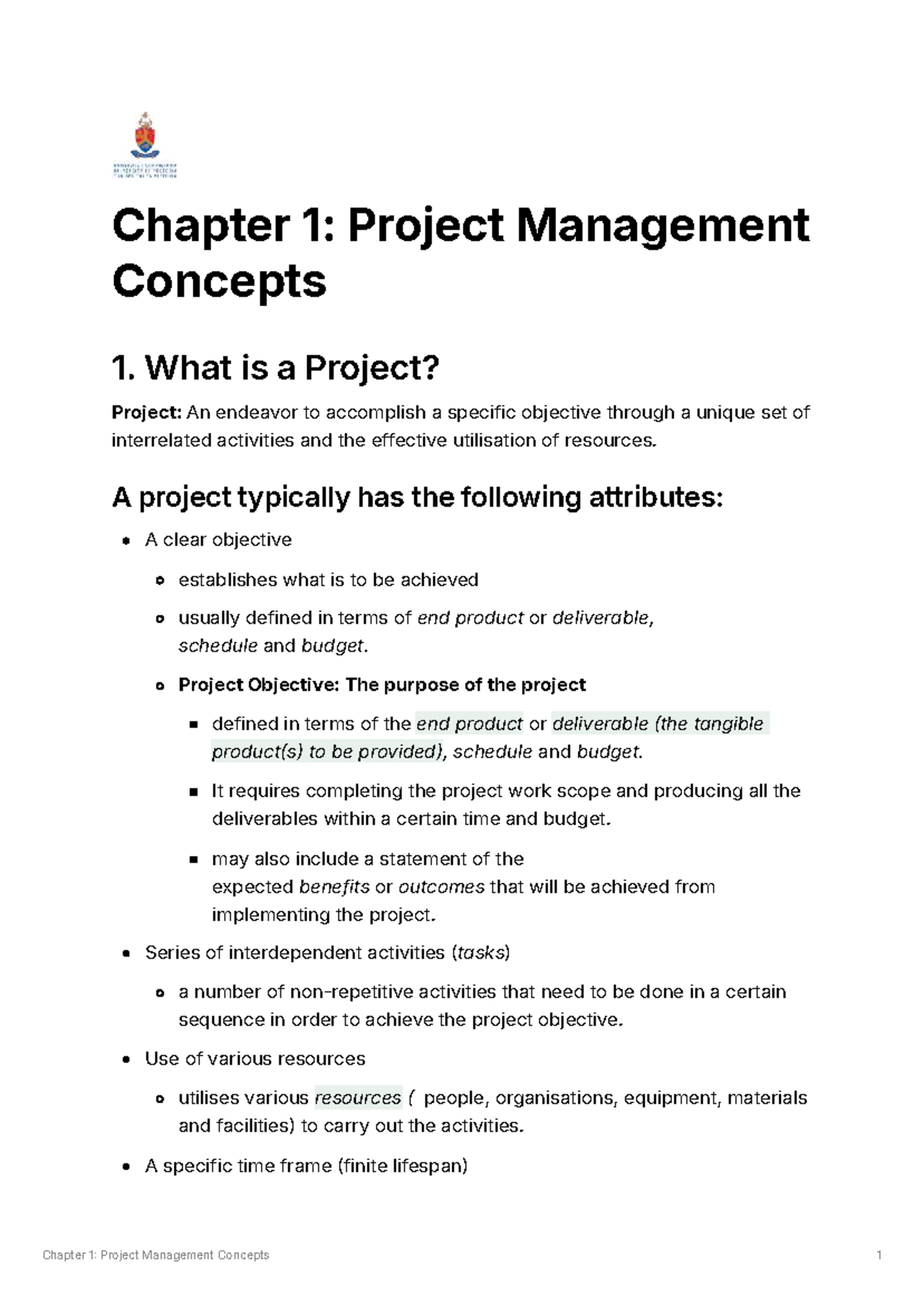 Chapter 1: Key Concepts in Project Management - Studocu