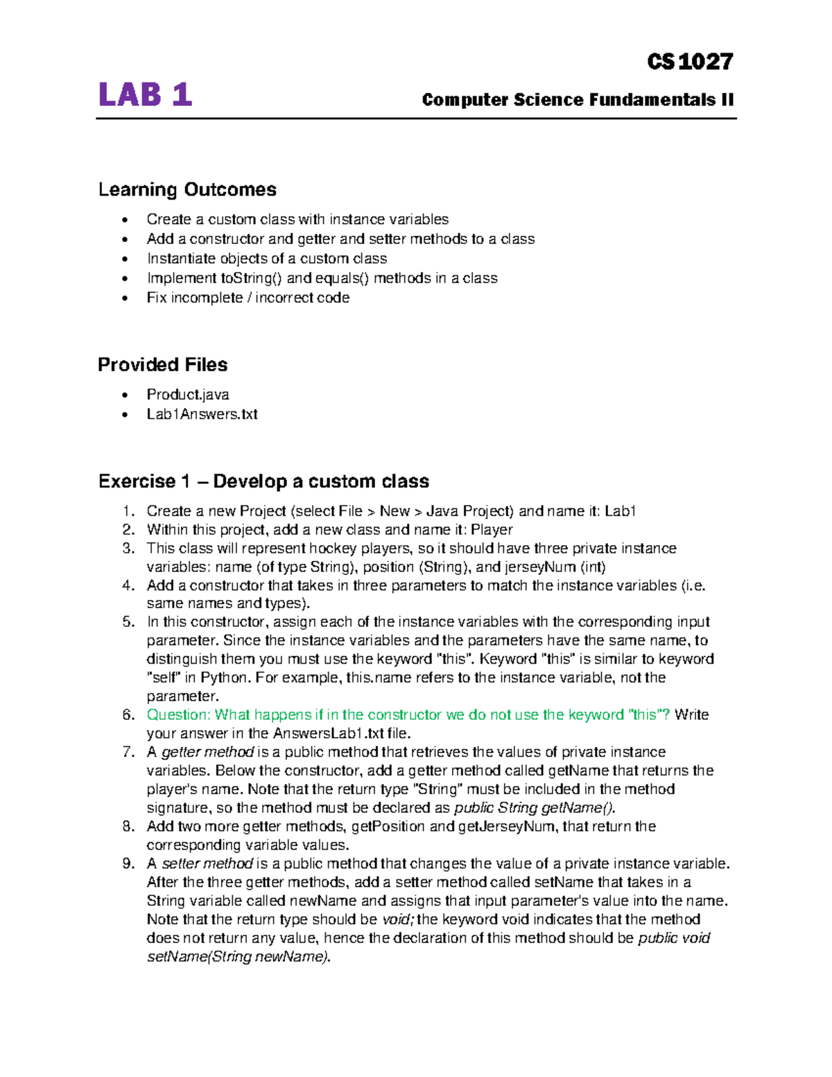 Lab 1 CS1027 Computer Science Fundamentals II custom class implementation - Studocu