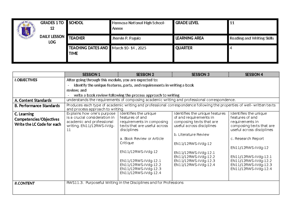 GRADE 11 DAILY LESSON LOG: READING & WRITING SKILLS (CW-Q2-W1) - Studocu