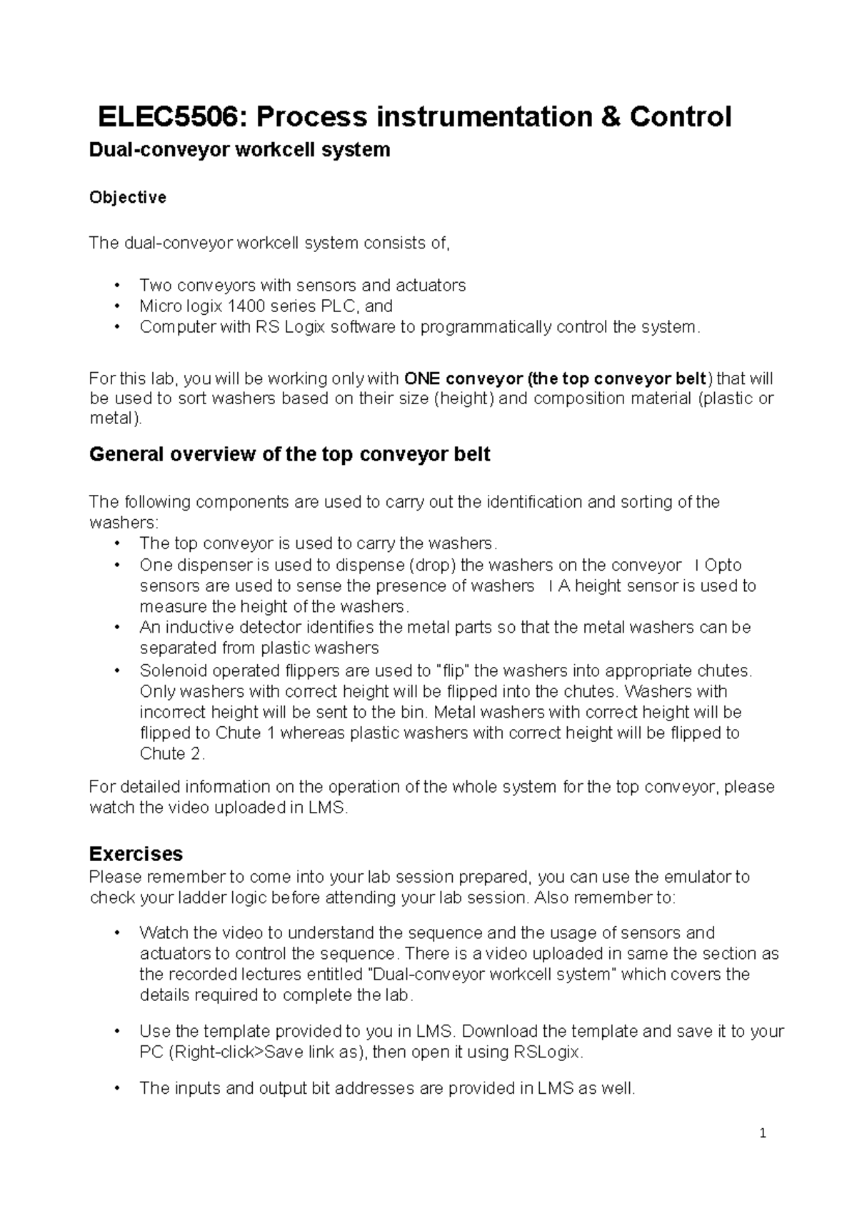 ELEC5506: Lab 1 Instructions for Conveyor Control System - Studocu