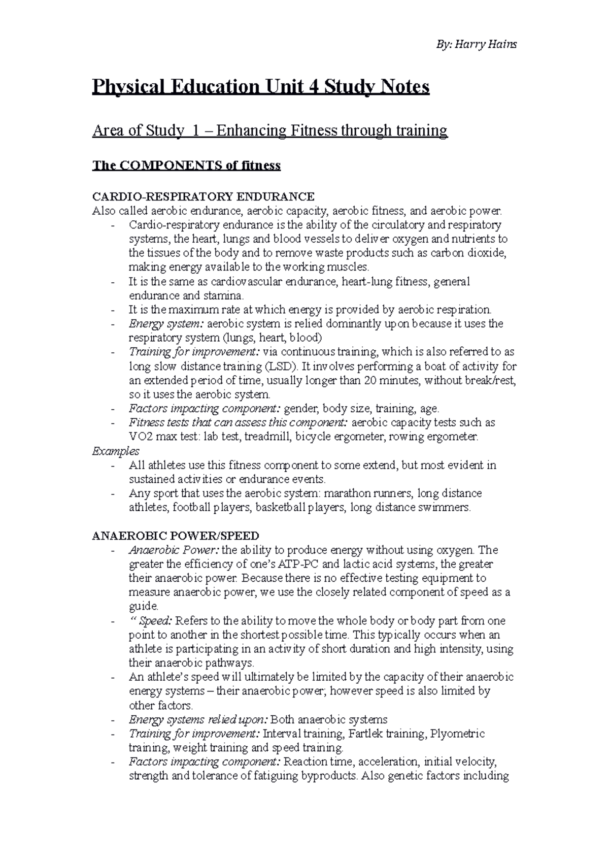 781 Physical Ed Unit 4 Study Notes: Enhancing Fitness through Training ...