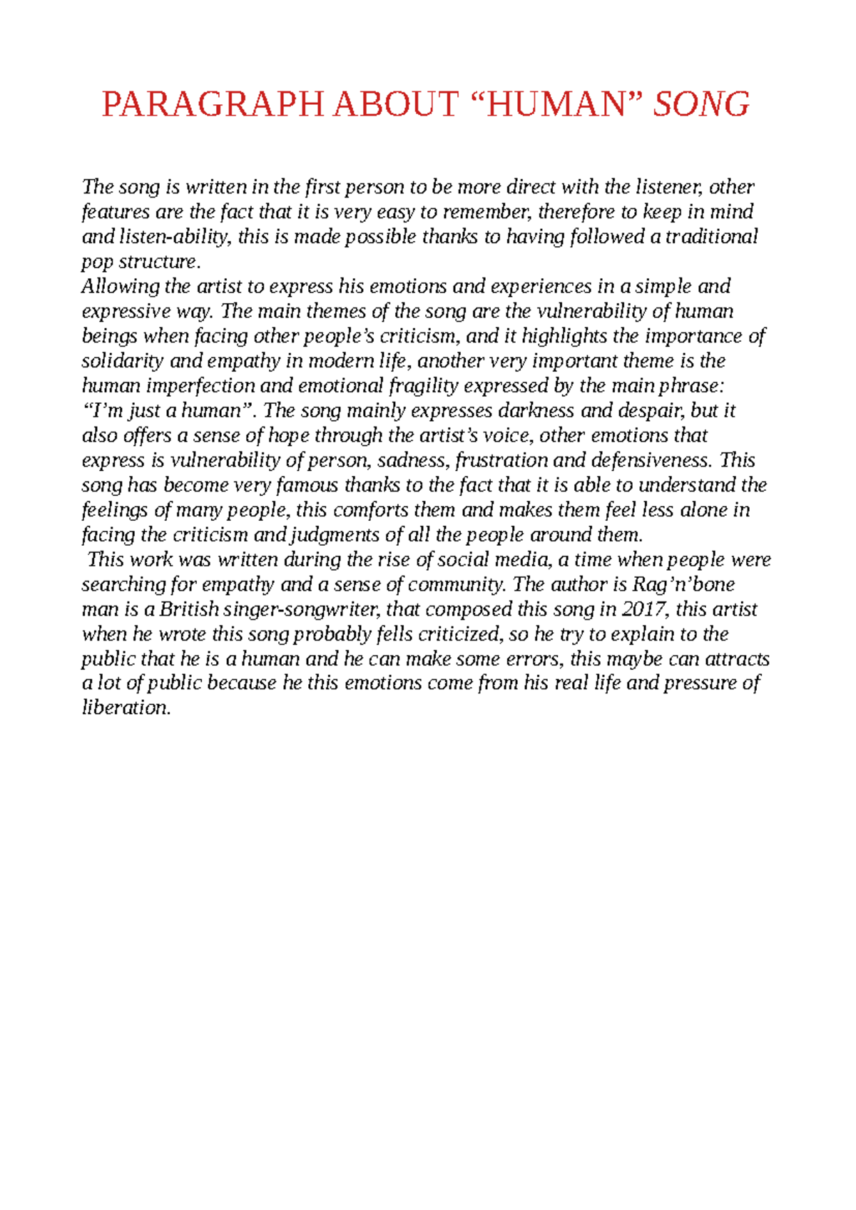Analysis of "Human" - Themes of Vulnerability and Empathy - Studocu