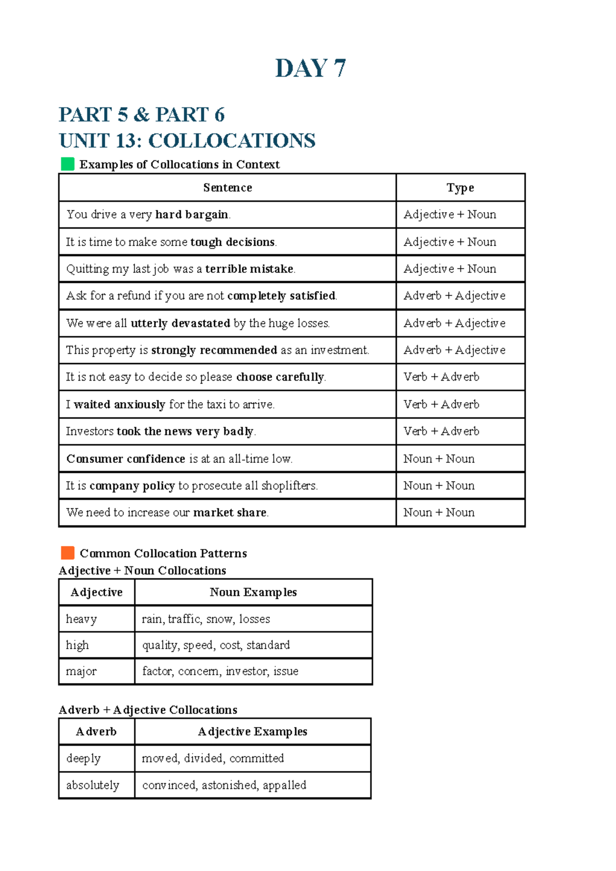 English 5A DAY 7 - Collocations and Sentence Completion Exercises ...