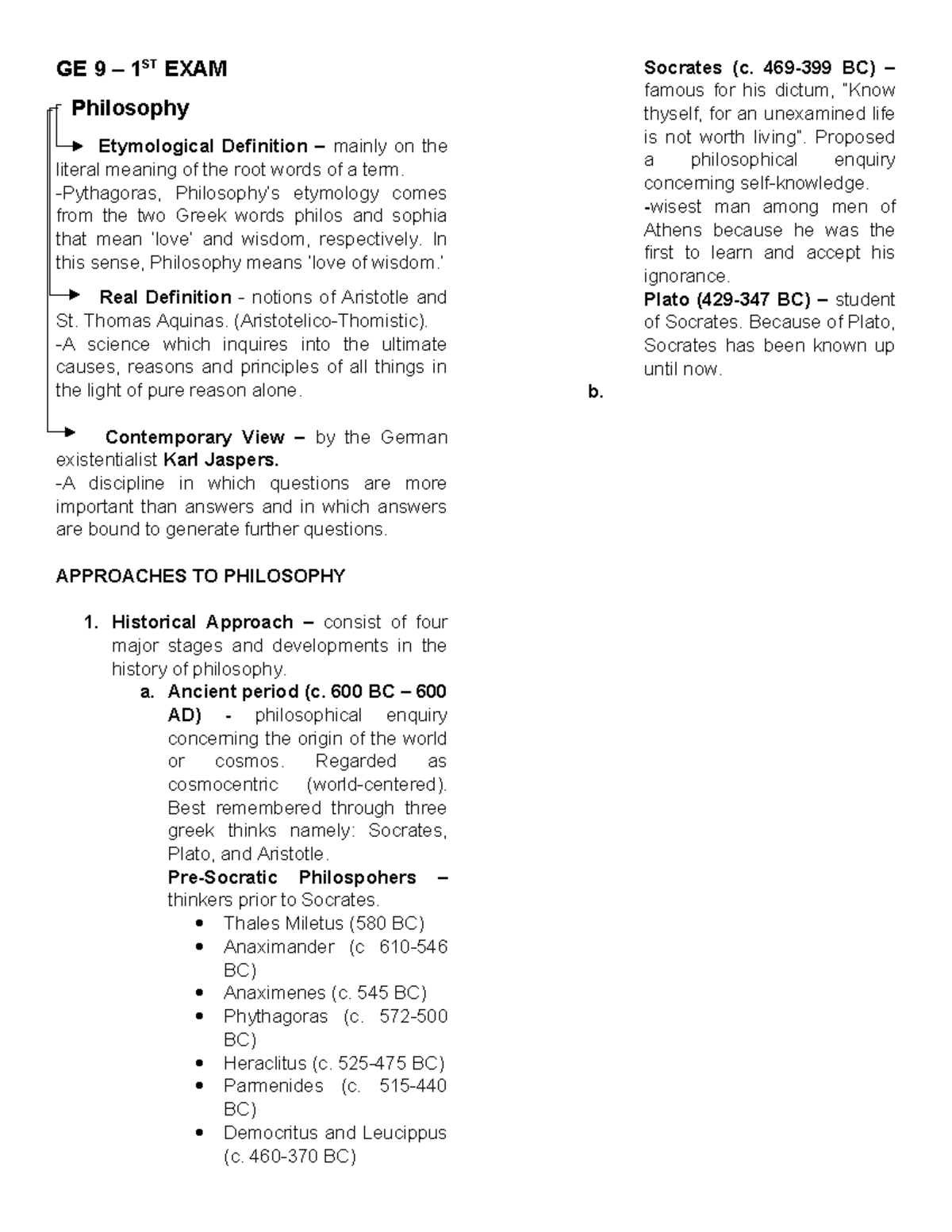 GE 9 - helpful study notes - GE 9 – 1ST EXAM Philosophy Etymological ...