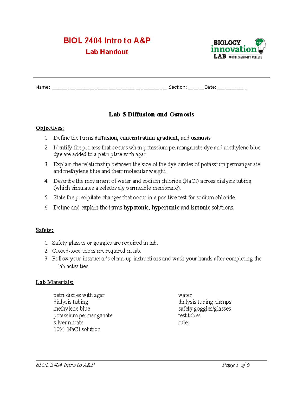 BIOL 2404 Lab 5: Diffusion & Osmosis Final Handout - Spring 2015 - Studocu