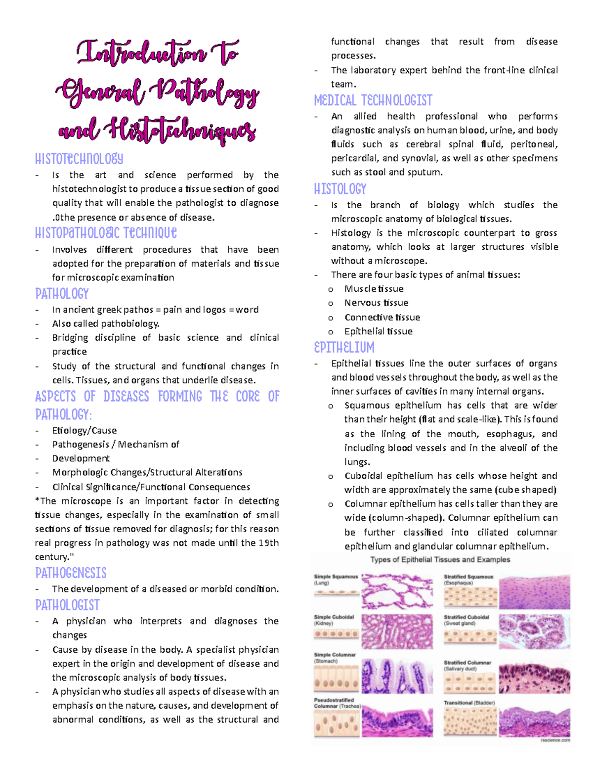 Histopathology Overview: MEDICAL TECHNOLOGIST Lecture Notes - Studocu