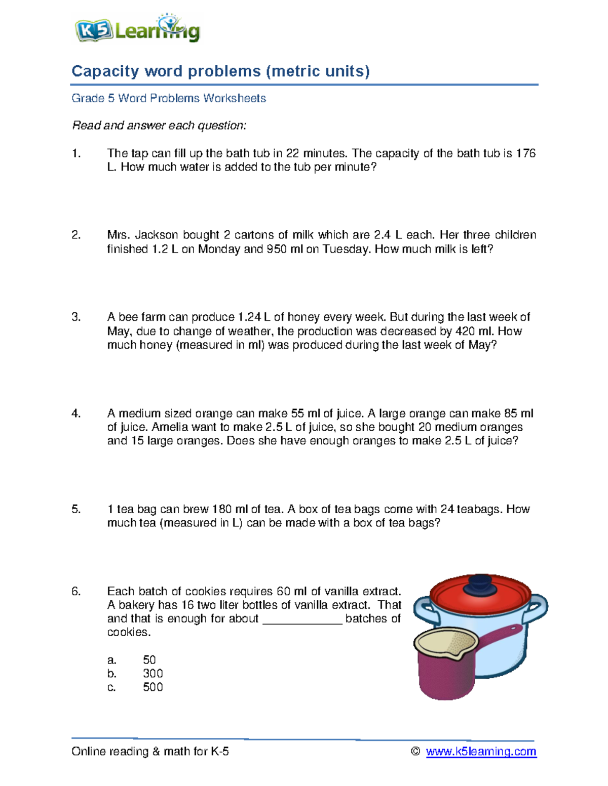 Grade 5 Capacity Word Problems Worksheets - Studocu