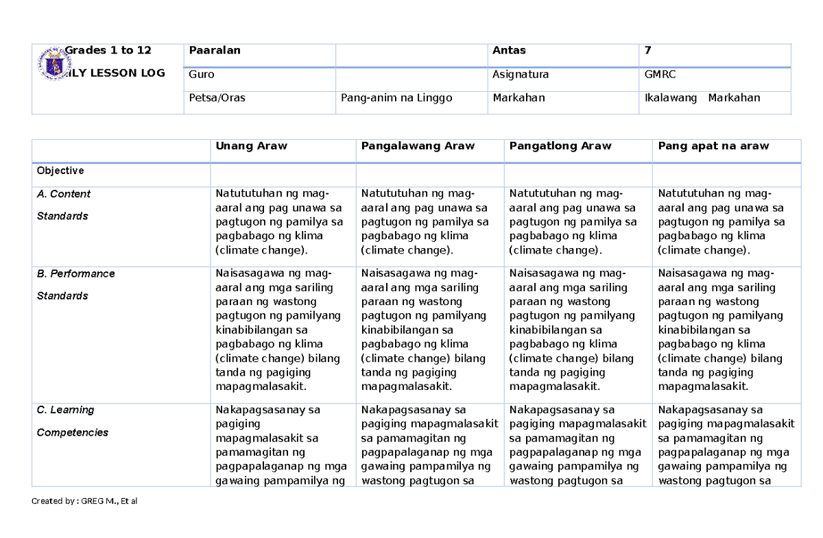 GMRC 7 Q2 WEEK 6 - ESP NOTES - Grades 1 to 12 DAILY LESSON LOG Paaralan ...