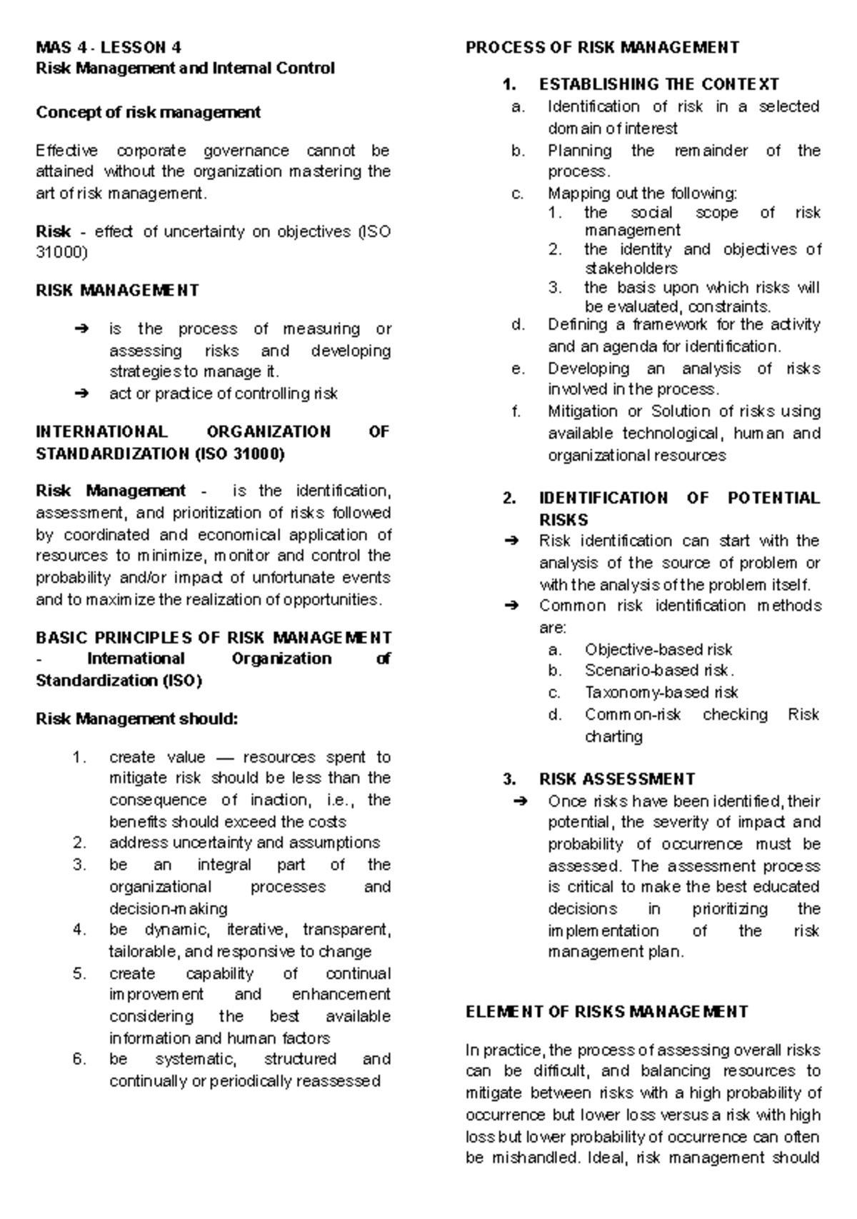MAS 4 Lesson 4 - Risk Management and Internal Control Overview - Studocu
