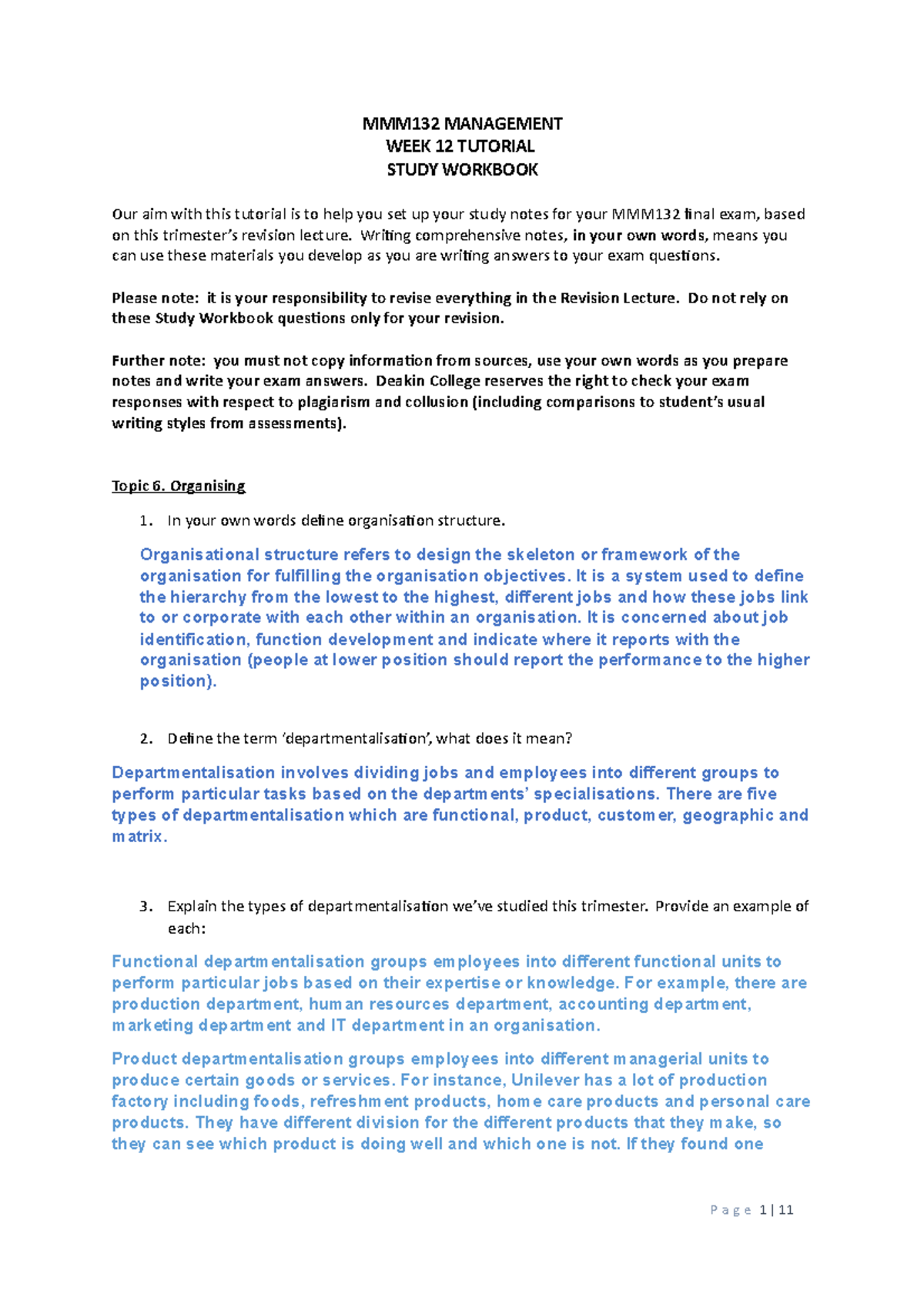 Topic 7-10 note - MMM132 MANAGEMENT WEEK 12 TUTORIAL STUDY WORKBOOK Our ...
