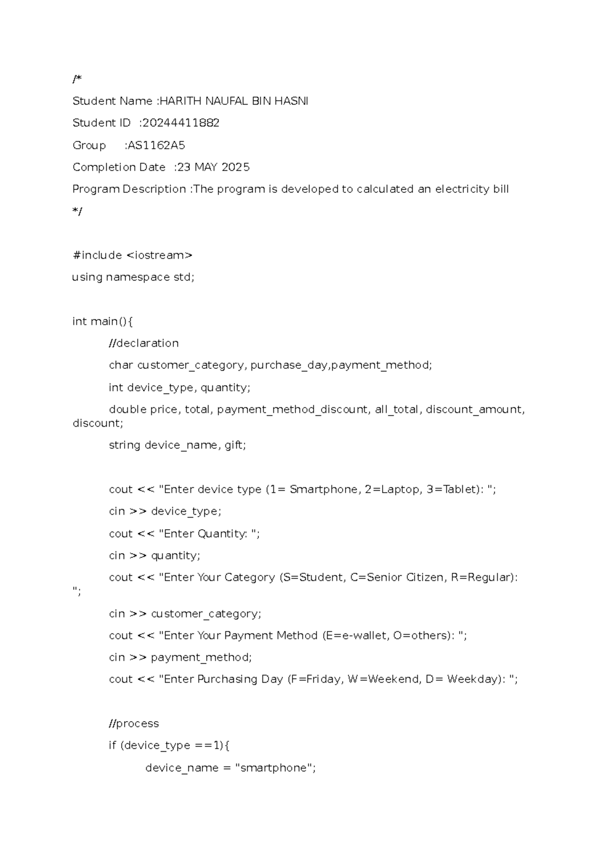 Electricity Bill Calculation Program - AS1162A5 Project Overview - Studocu