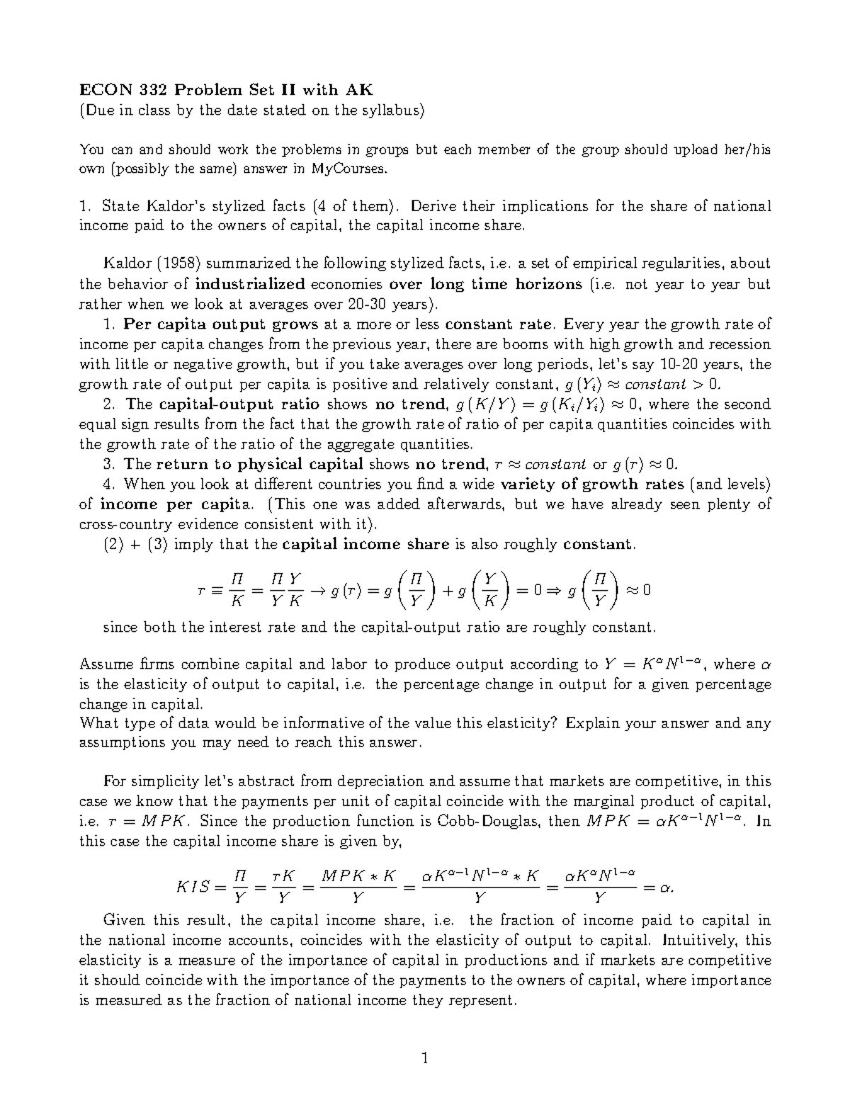 ECON 332 Problem Set II: Analysis and Solutions with AK - Studocu
