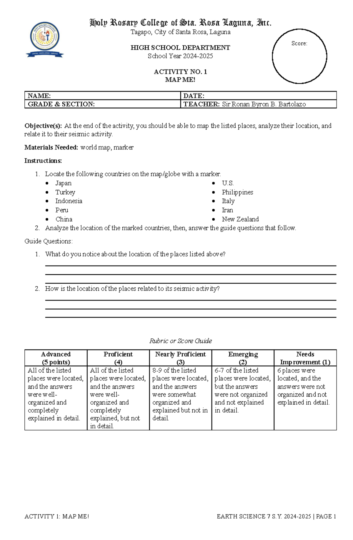 Activity 1 Map Me Matatag Curriculum Answer Sheet Activity 1 Map Me Earth Science 7 S 