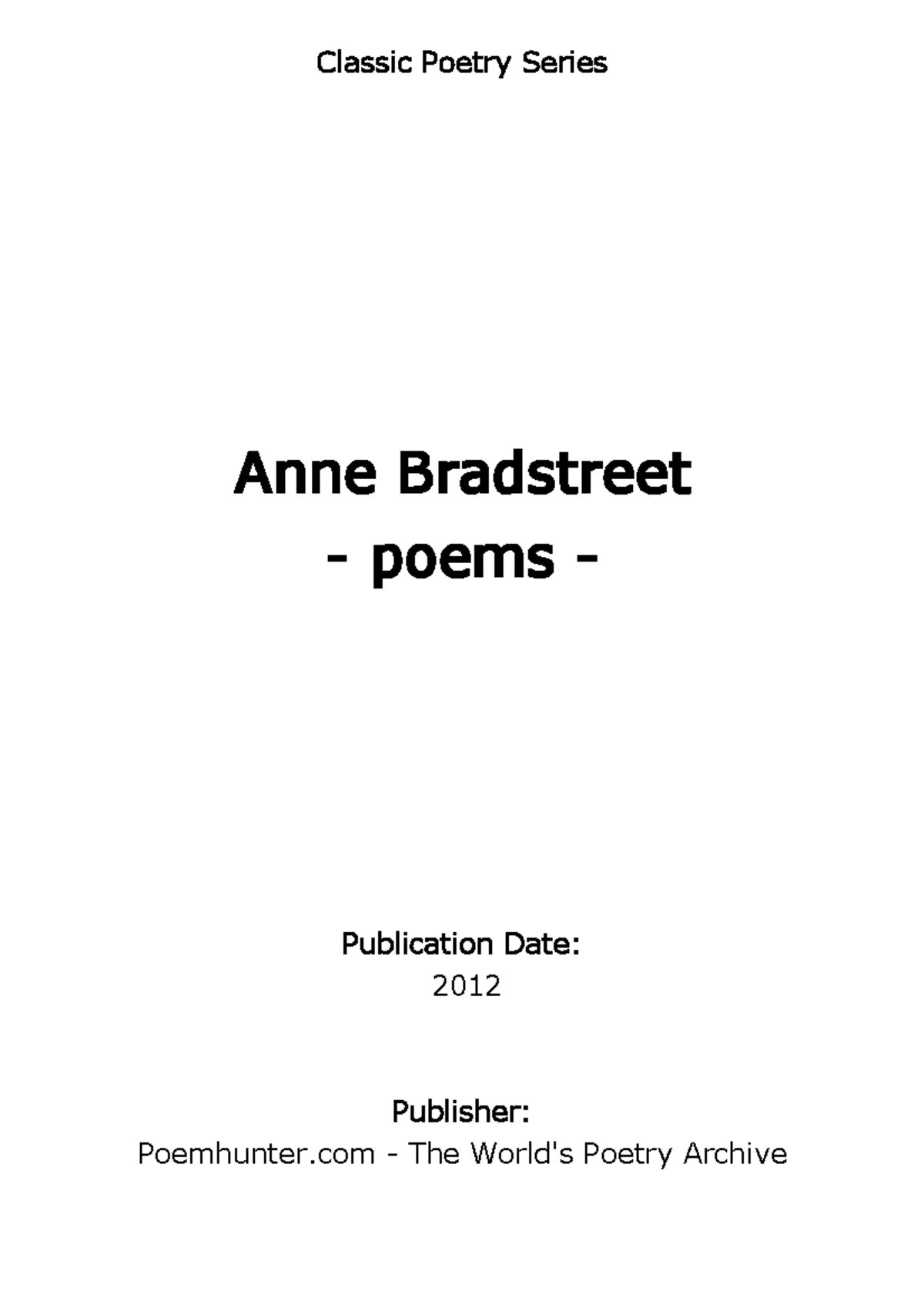 Anne Bradstreet: A Study of Her Poetry and Influence - Studocu