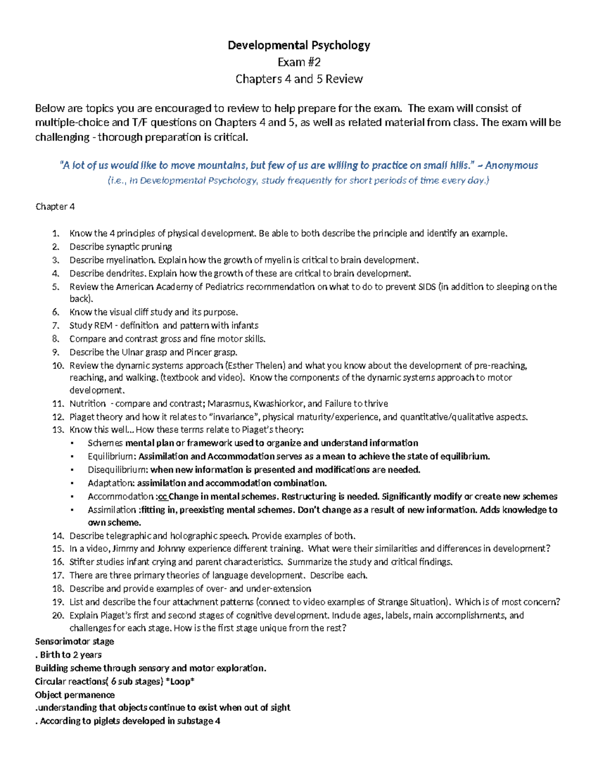 Developmental Psychology Exam #2 Review: Chapters 4 & 5 Topics - Studocu