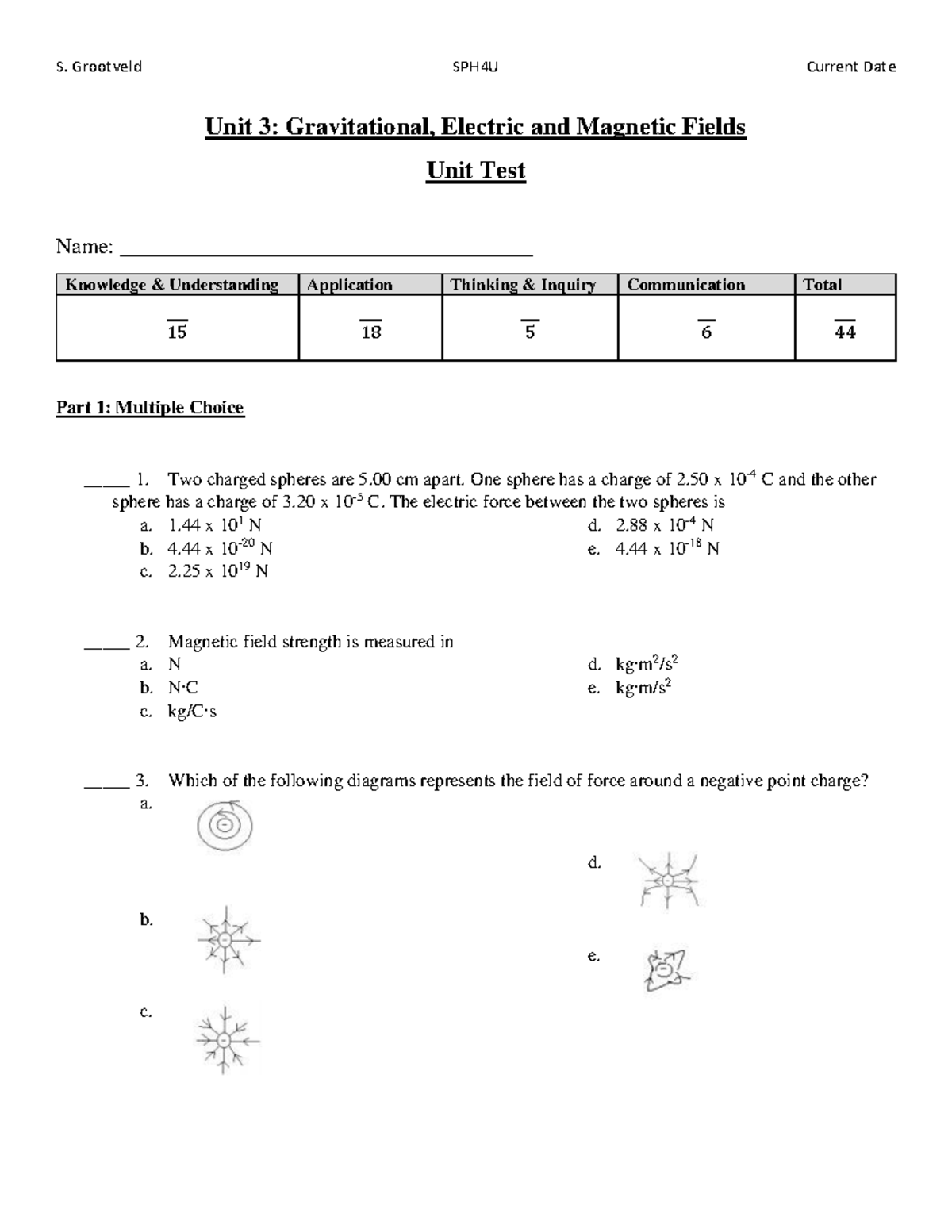 SPH4U Unit 3: Gravitational, Electric & Magnetic Fields Test - Studocu