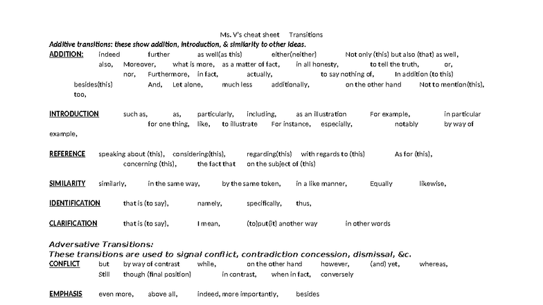 Ms. Cheat Sheet: Complete Guide to Transitions (2020) - Studocu