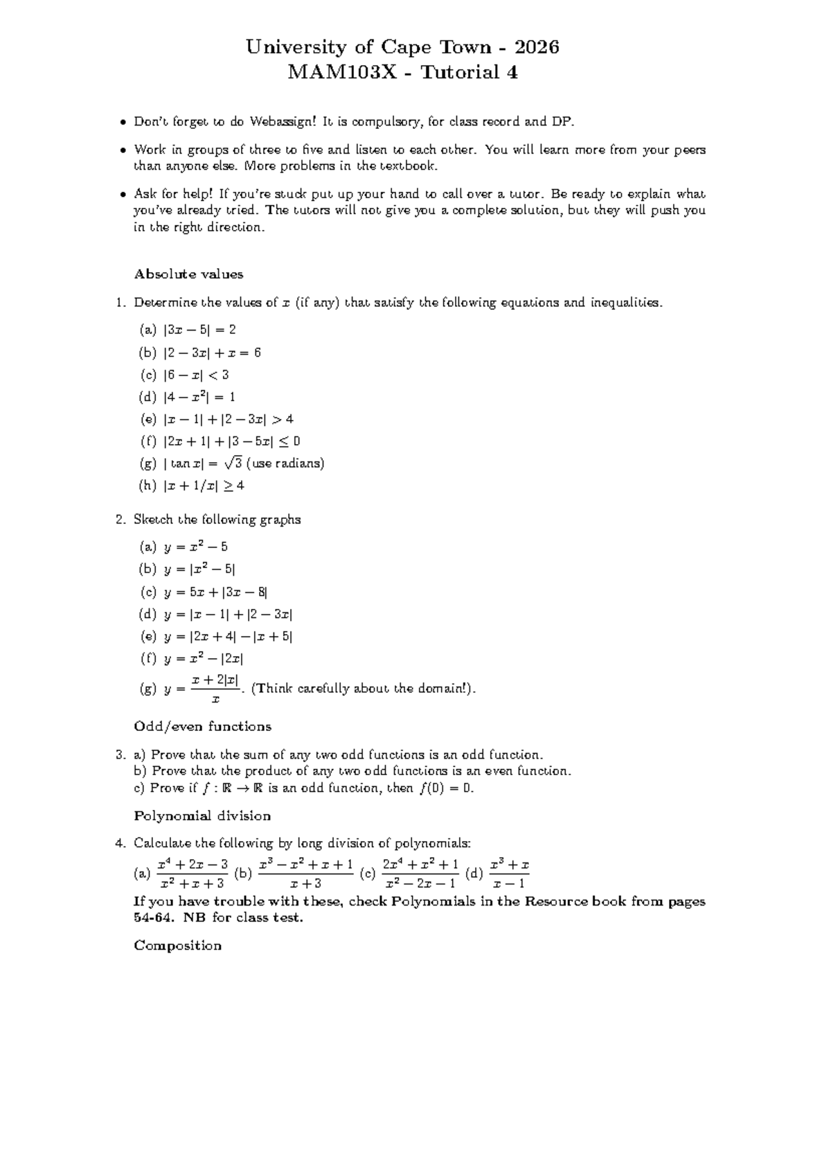 UCT 2026 MAM103X Tutorial 4: Absolute Values & Functions - Studocu
