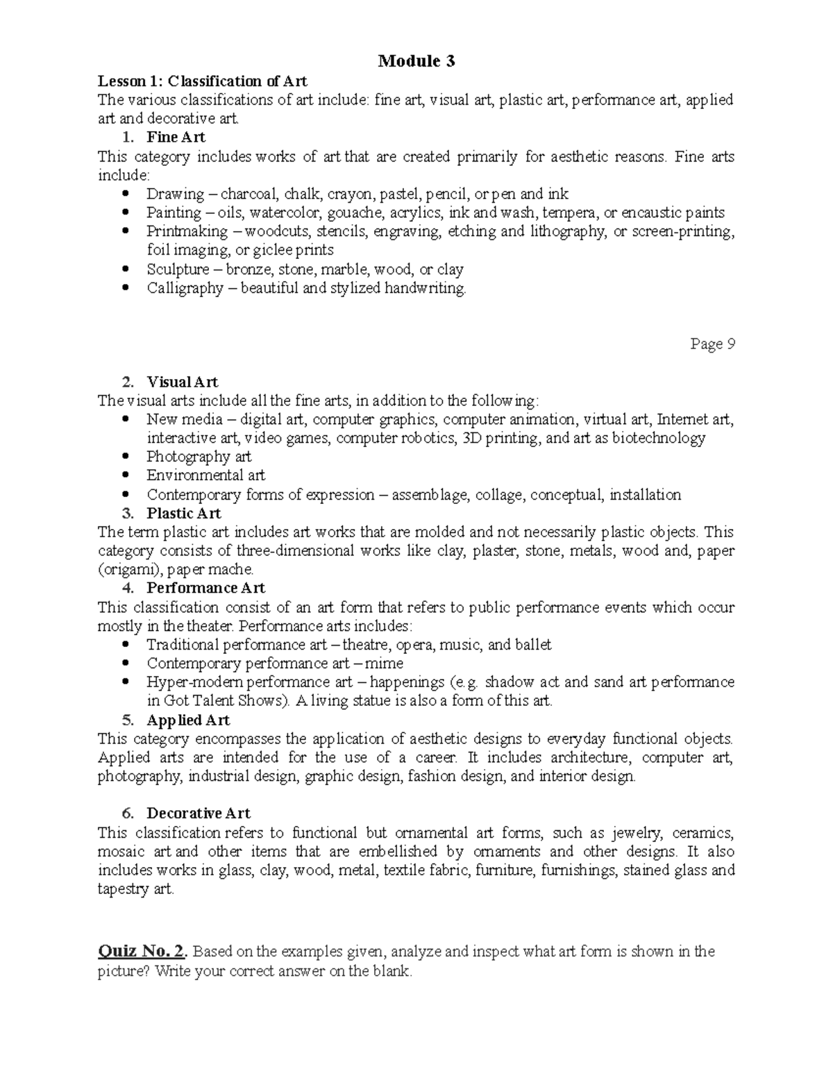 Art Class Module 3: Classification, Forms, and Styles of Art - Studocu