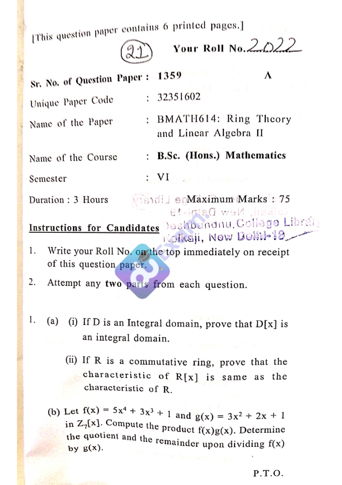 BMATH614: Ring Theory & Linear Algebra II - VI Semester 2022 Question ...