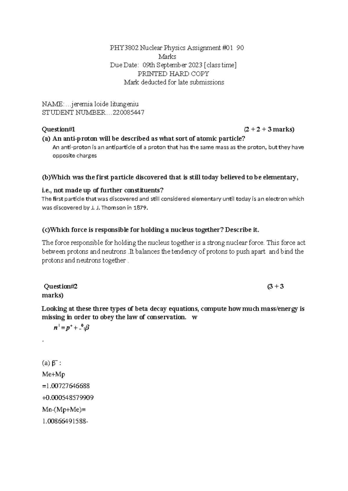 PHY3802 Nuclear Physics Assignment: Key Concepts & Problems - Studocu