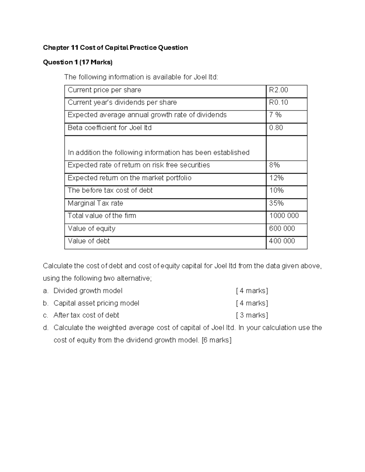 Chapter 11 Cost of Capital Practice Questions & Solutions 2026 - Studocu