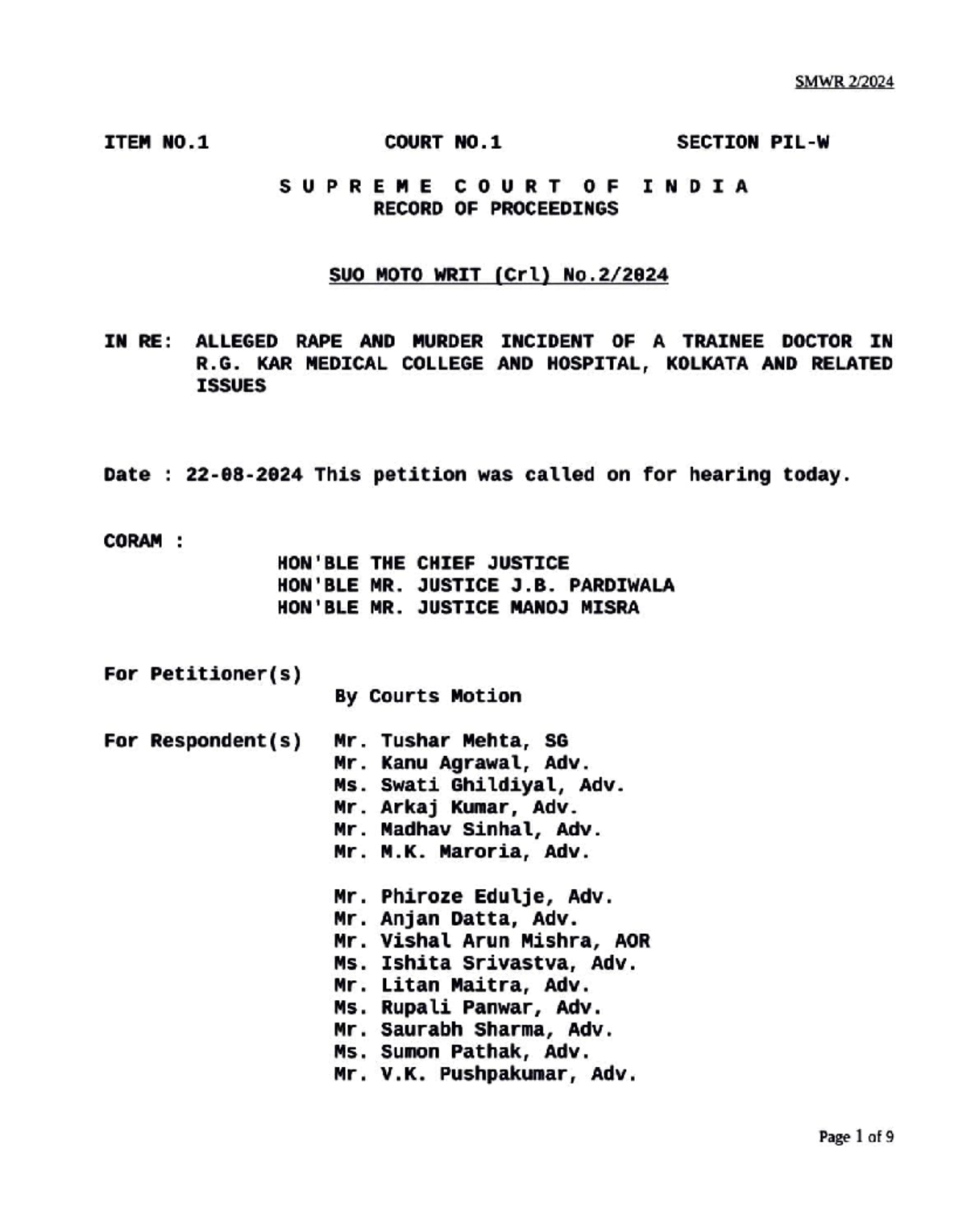 SMWR ITEM NO.1 SUPREME COURT ORDER ON RAPE & MURDER CASE IN KOLKATA ...