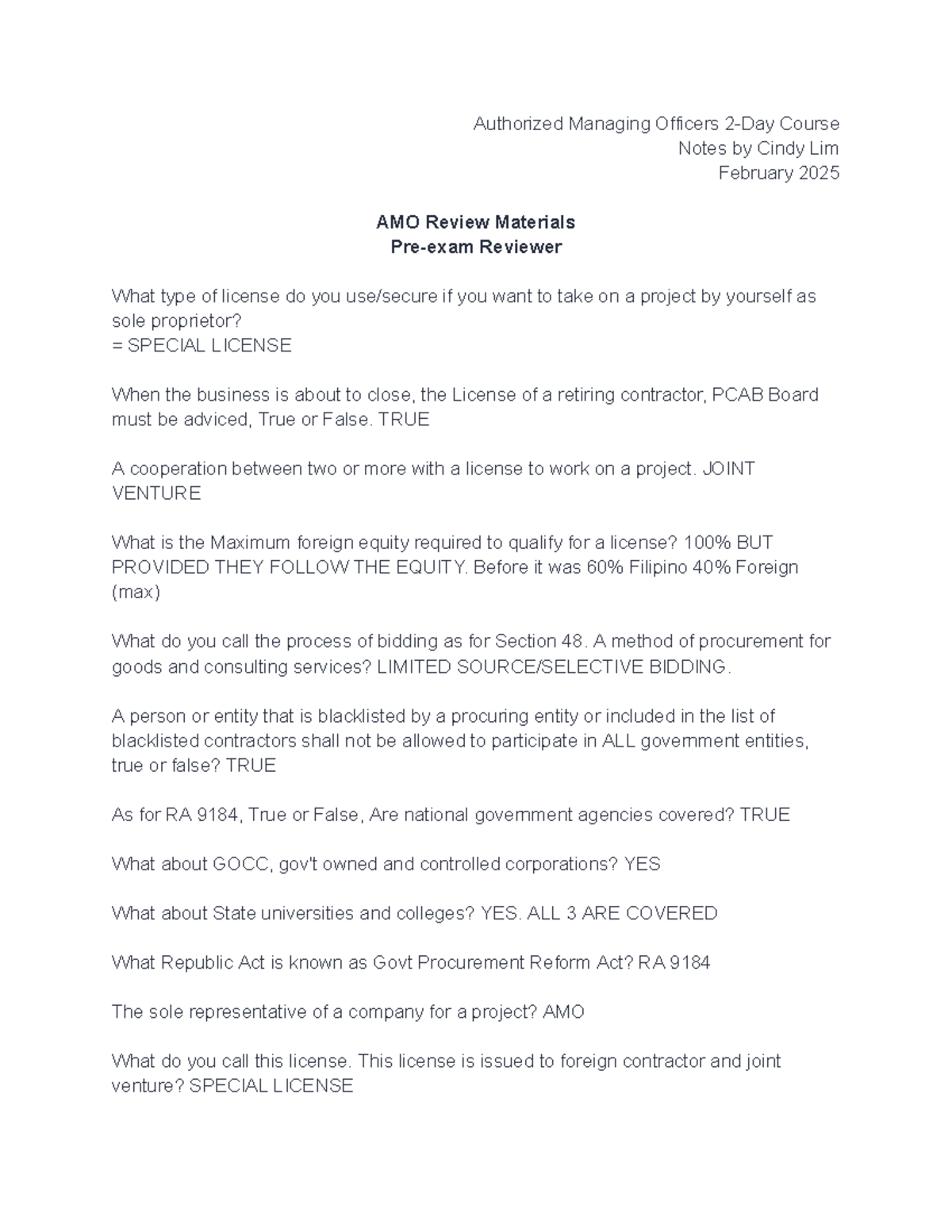 AMO 2025 Final Exam Reviewer: Authorized Managing Officers Course Notes ...