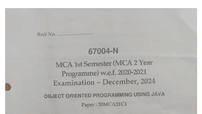 OOP Using Java - MCA 20MCA21C1 Final Exam Dec 2024 - Studocu