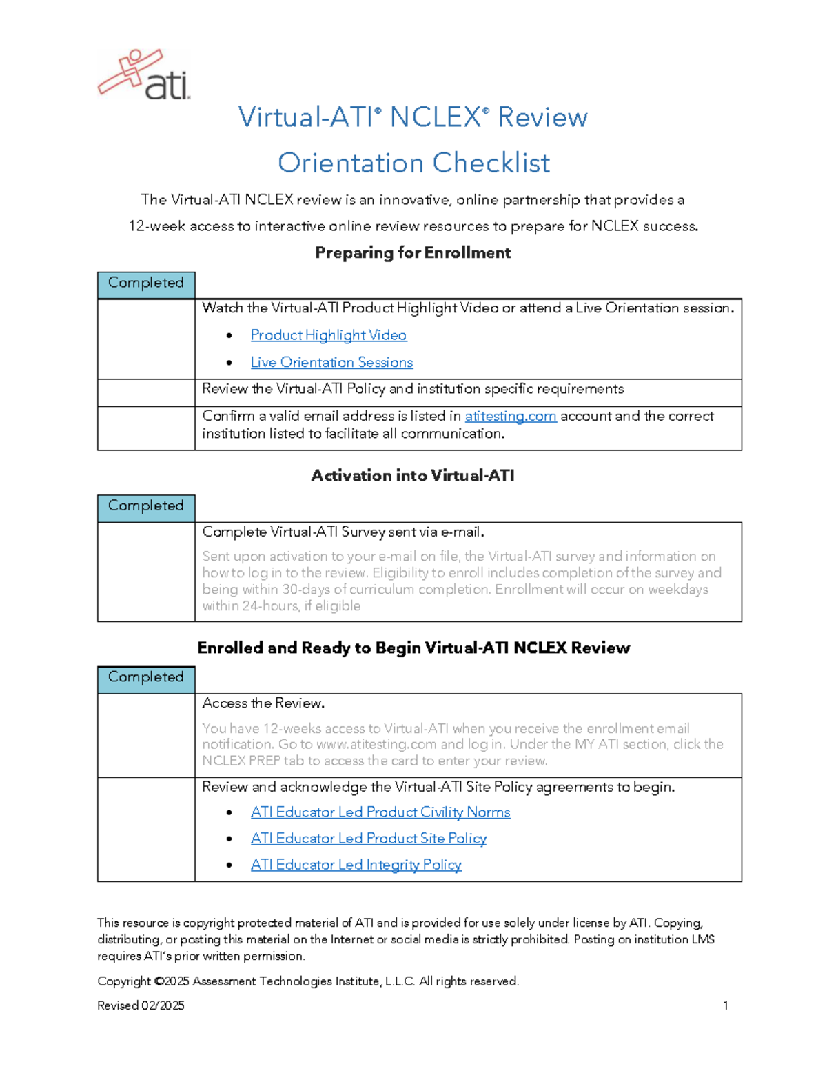 NCLEX Review Orientation Checklist - Virtual ATI Resources - Studocu