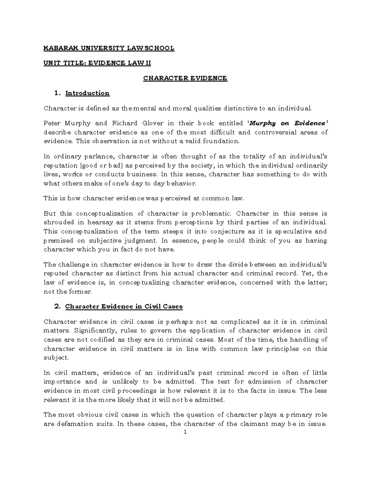 KABARAK LAW SCHOOL: EVIDENCE LAW II - CHARACTER EVIDENCE NOTES - Studocu
