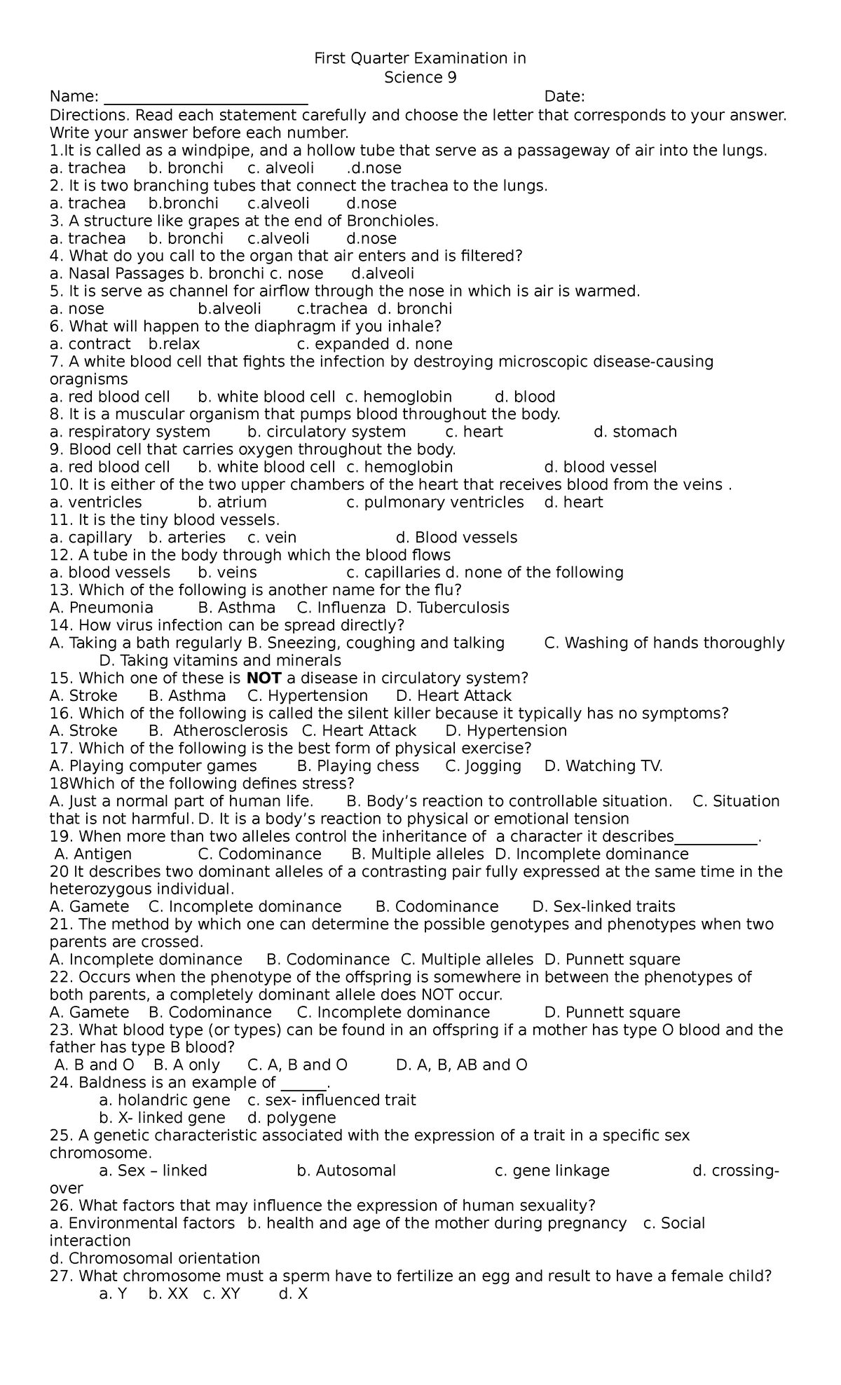 First Qurter Science 9 - reviewer - First Quarter Examination in ...
