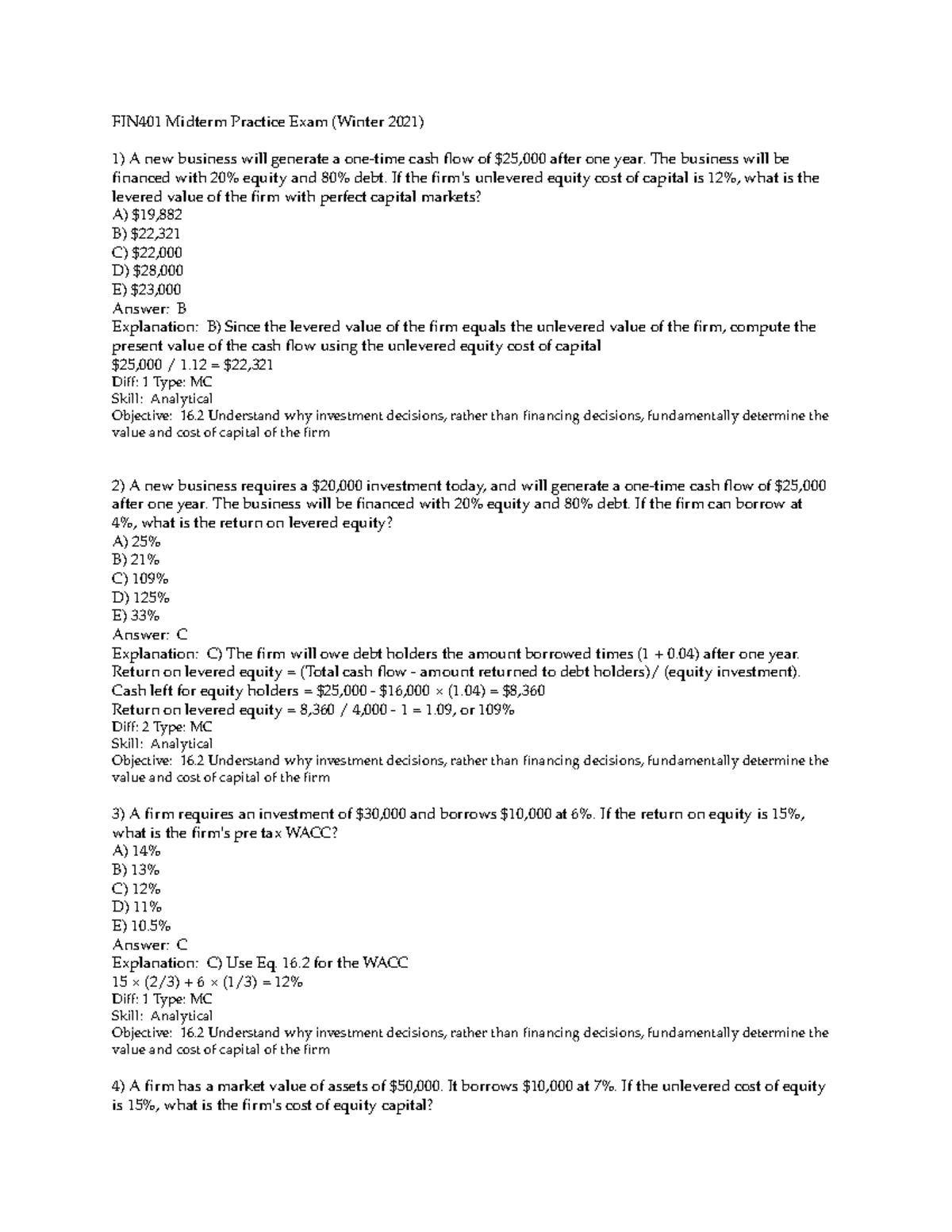 FIN401 Midterm Practice Exam Fall 2021 with answers - FIN401 Midterm ...