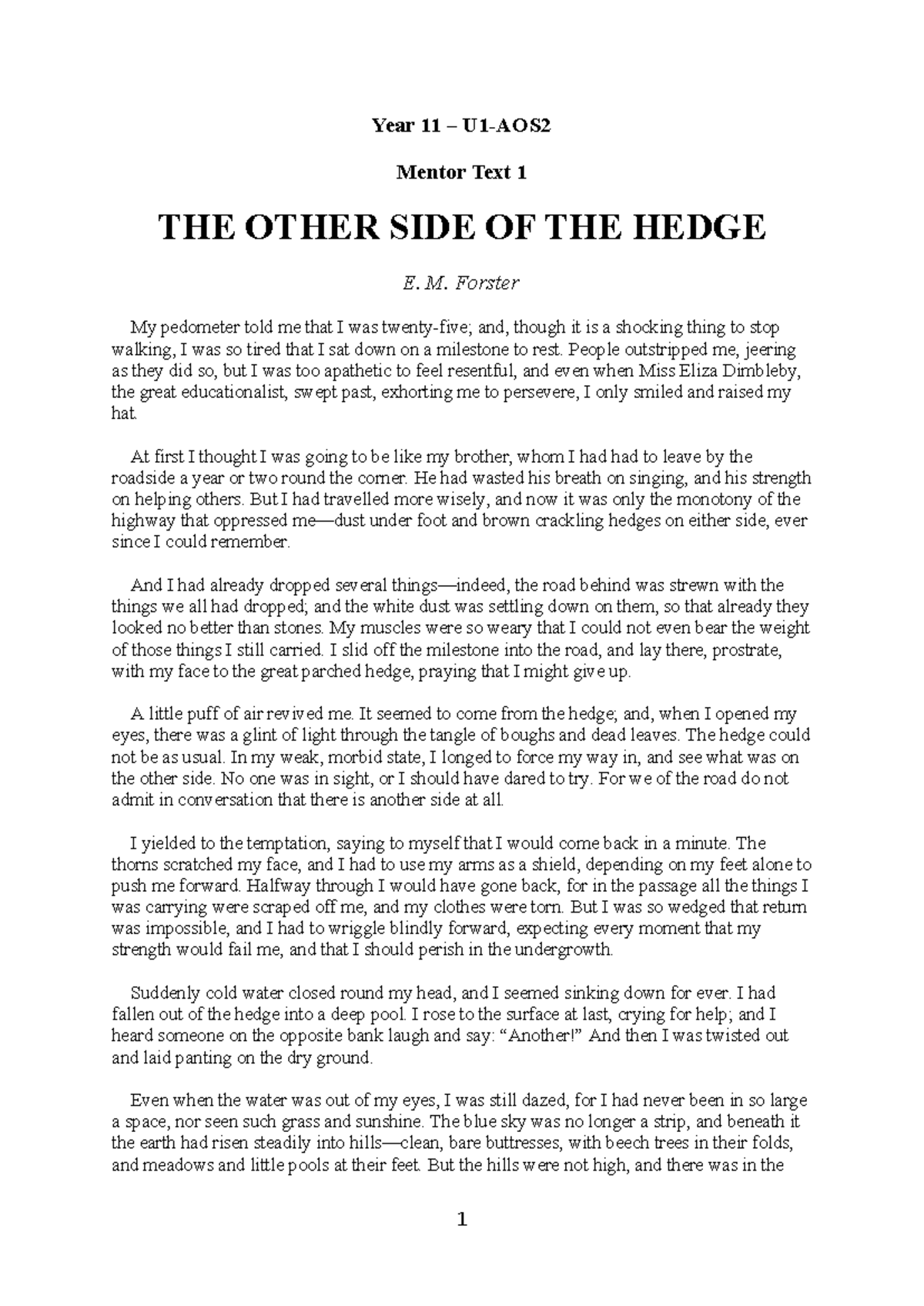 Year 11 Mentor Text 1: E.M. Forster's "The Other Side of the Hedge ...