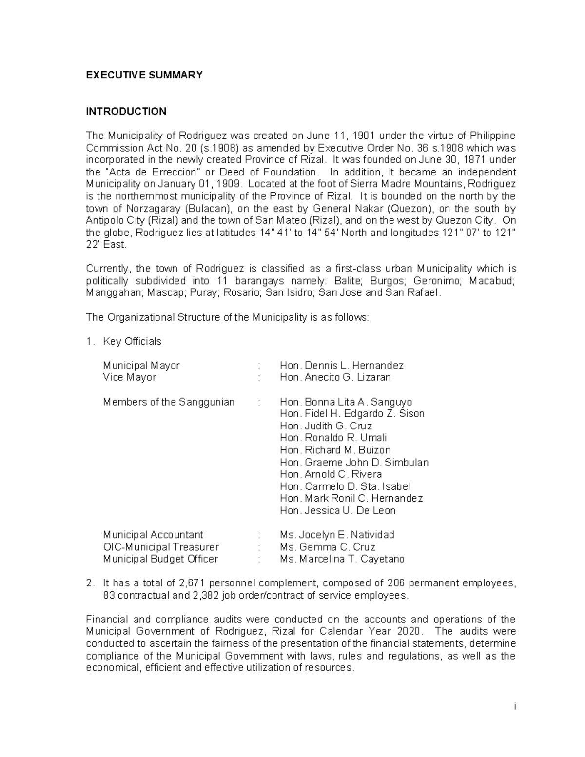 Rodriguez Municipality Financial Audit Summary CY 2020 - Studocu