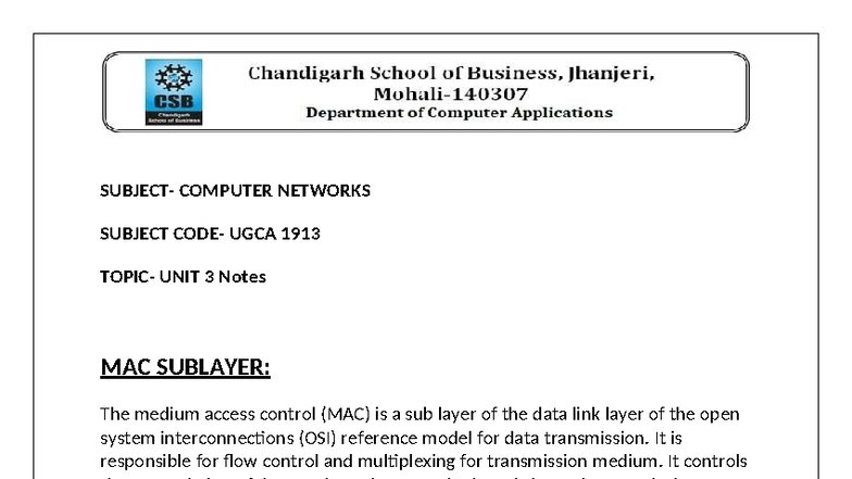 UGCA 1913 Computer Networks Unit 3 Notes: MAC Sublayer Overview - Studocu