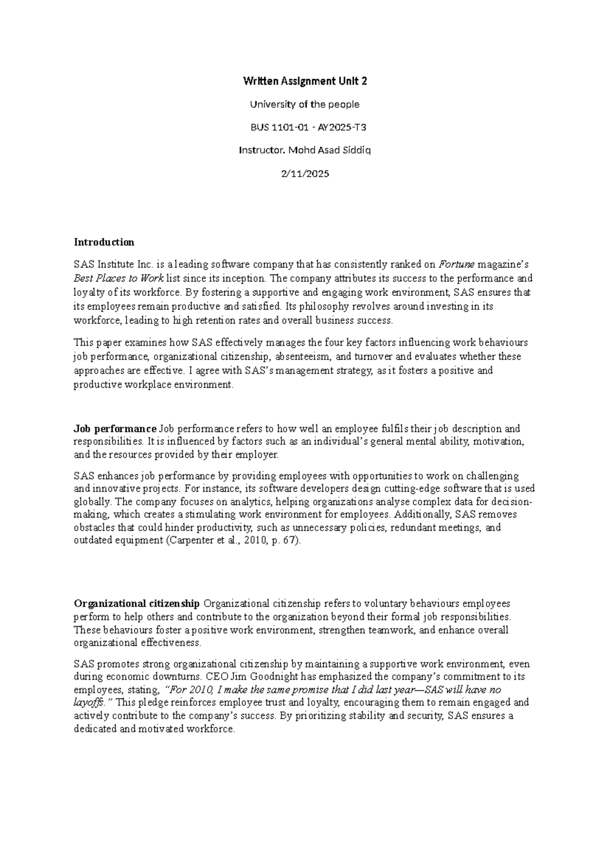 BUS Written Assignment Unit 2: SAS Institute's Workforce Management - Studocu